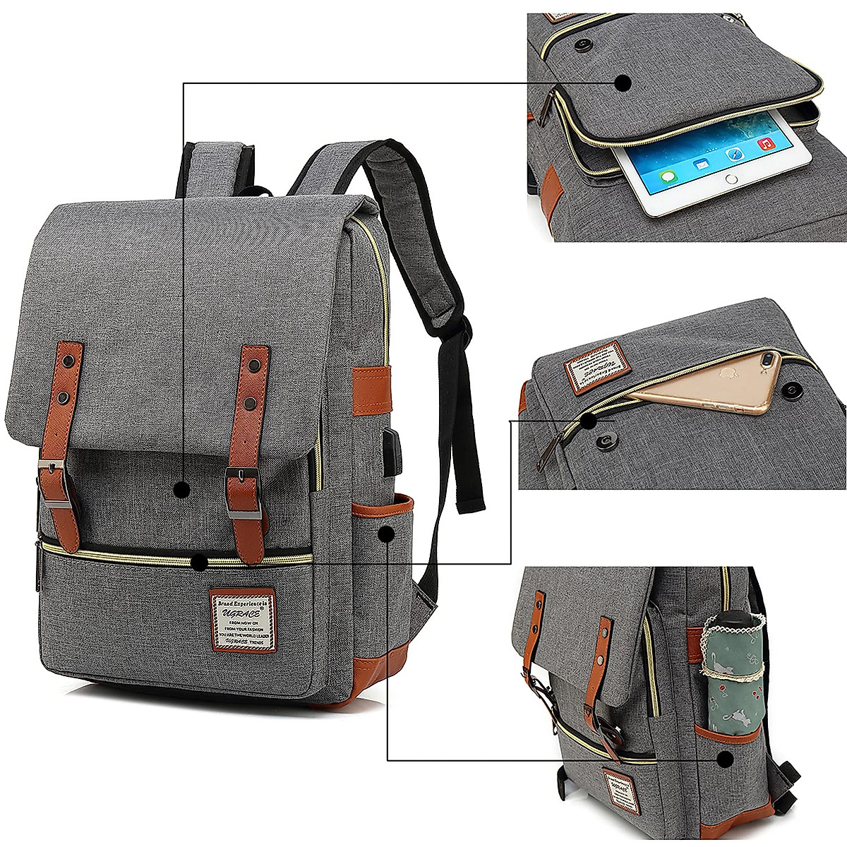UGRACE Laptop Backpack, Grey, Unisex, 15.6" Laptop Compartment, 6 Compartments, USB Charge Port, Adjustable Shoulder Strap, PU Leather Belt