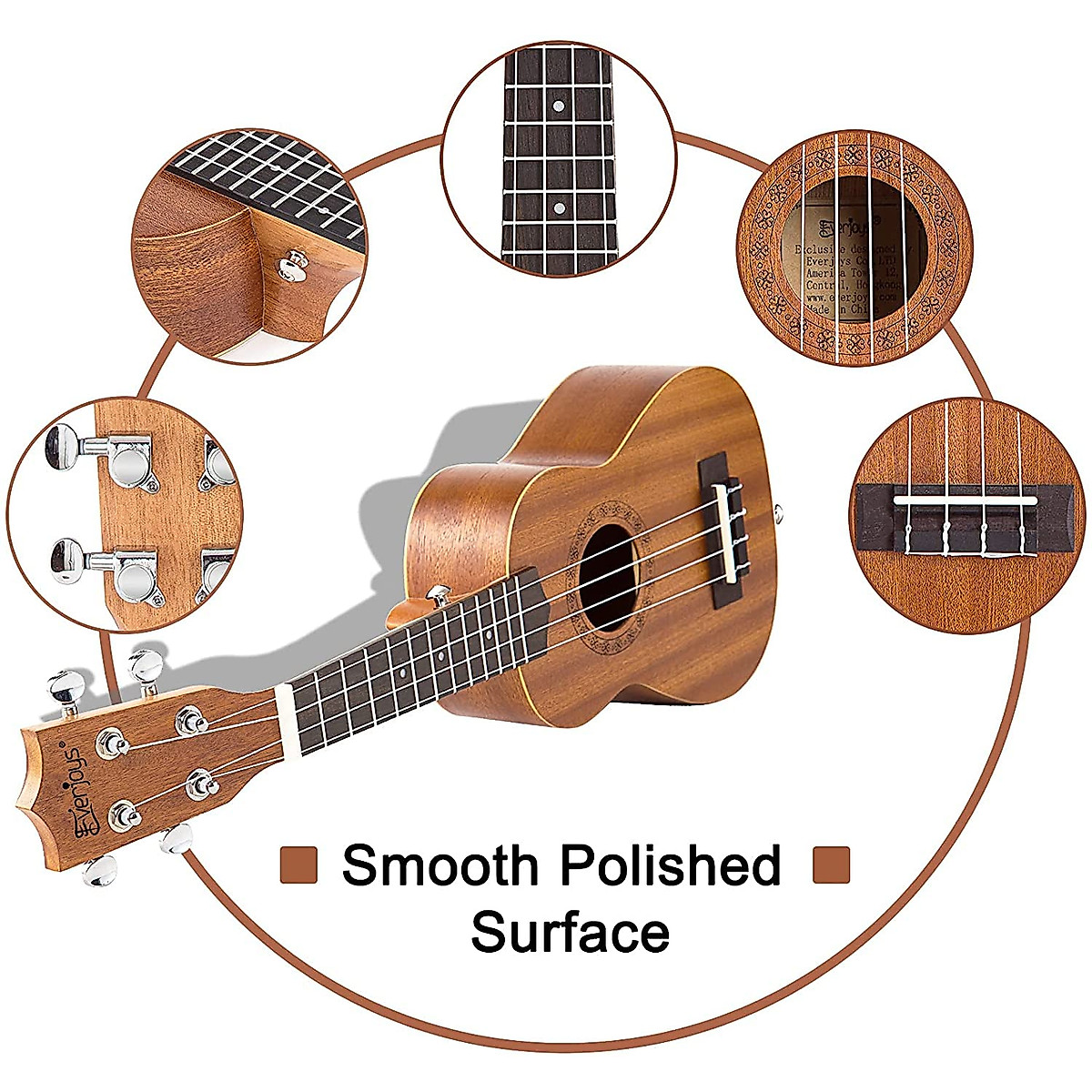 Everjoys Mahogany Soprano Ukulele Starter Kit - Professional 21 inch w/Case Strap Tuner Aquila Strings Pick (Natural Mahogany)