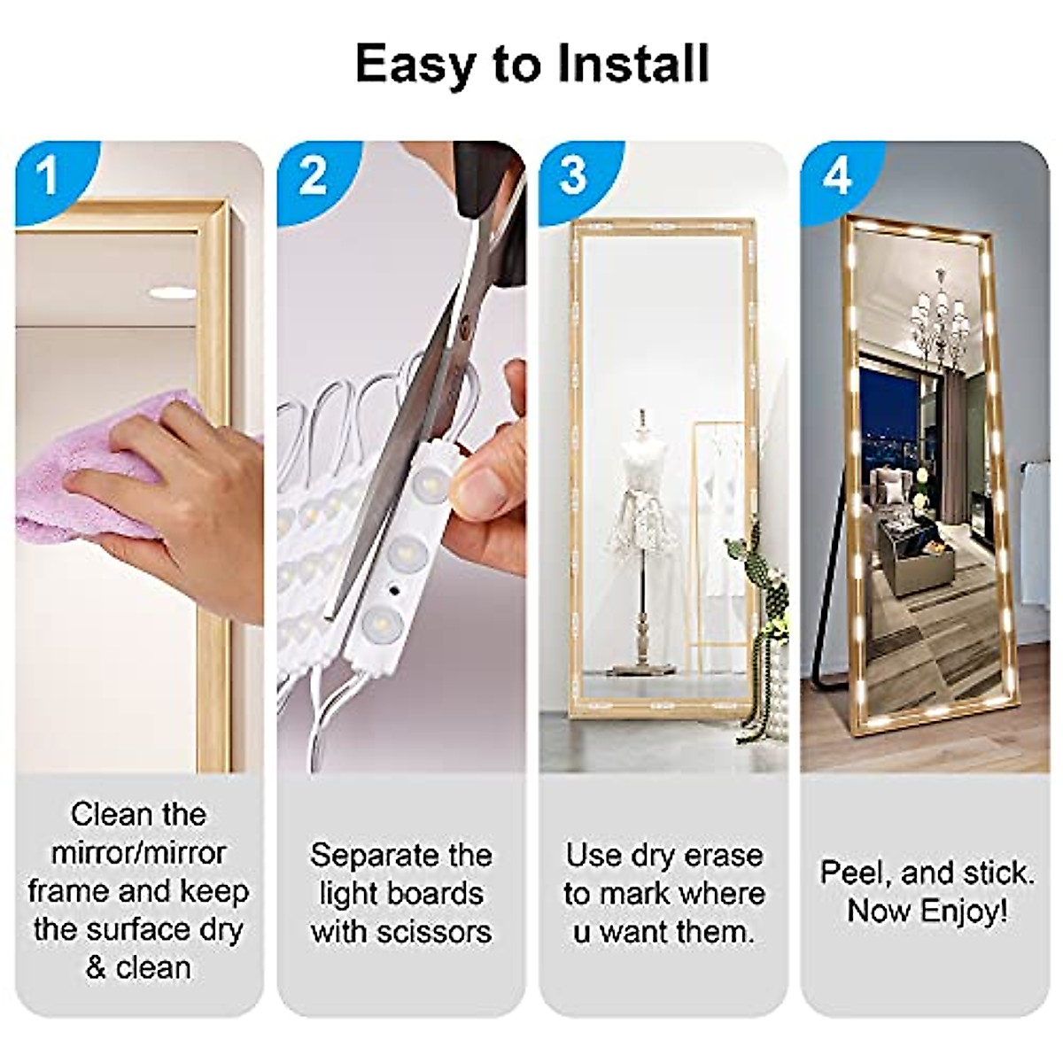 LPHUMEX Hollywood Glam Led Vanity Lights Kit, 14ft Dimmable Mirror Lights, Full Body & Bathroom Lighting, Plug in Floor Light with Power Supply (Mirror not Inlcuded)