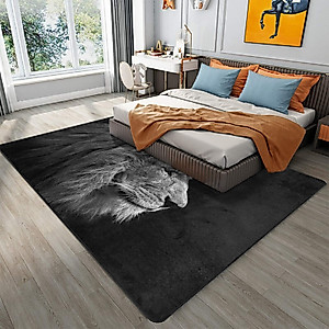 9CH Art Lion Area Rug Head Black Area Rugs Mat for Living Room Bedroom Non Slip Black Floor Rugs Carpet Home Indoor Decoration 7' X 5'