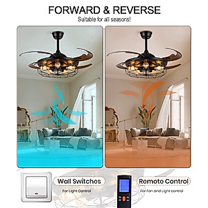 APBEAMLighting 48 Inches Retractable Ceiling Fan Industrial Caged Ceiling Fan Reversible Blades Black Farmhouse Ceiling Fan with Lights and Remote Control for Living Dining Room