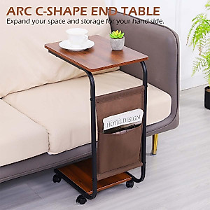 HITACTS C Shaped End Table Movable Couch Side Table with Storage Bag Small 2 Tier Sofa Bed Side Table with Sturdy Metal Frame and Lockable Wheels for Living Room & Bedroom (15.7" L x 11" W x 25" H)