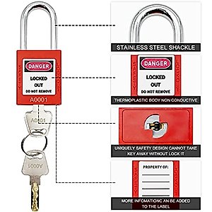 SAFBY 10 Keyed Different Lockout Tagout Lock - Loto Safe Padlocks for Lock Out Tag Out Stations and Devices (Red, Key Different)