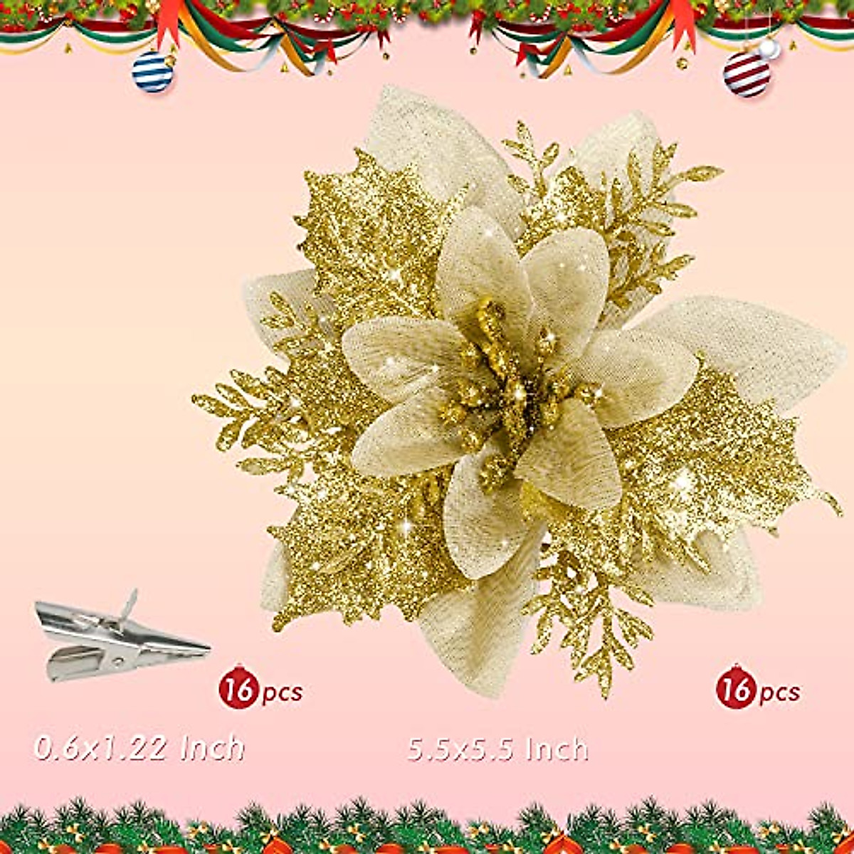 16 PCS Poinsettia Flower Artificial Poinsettia Christmas Decorations Glitter Poinsettias Christmas Ornaments Christmas Tree Flower Decorations with Clips DIY Xmas Wreath Holiday Weed Home Party Decor