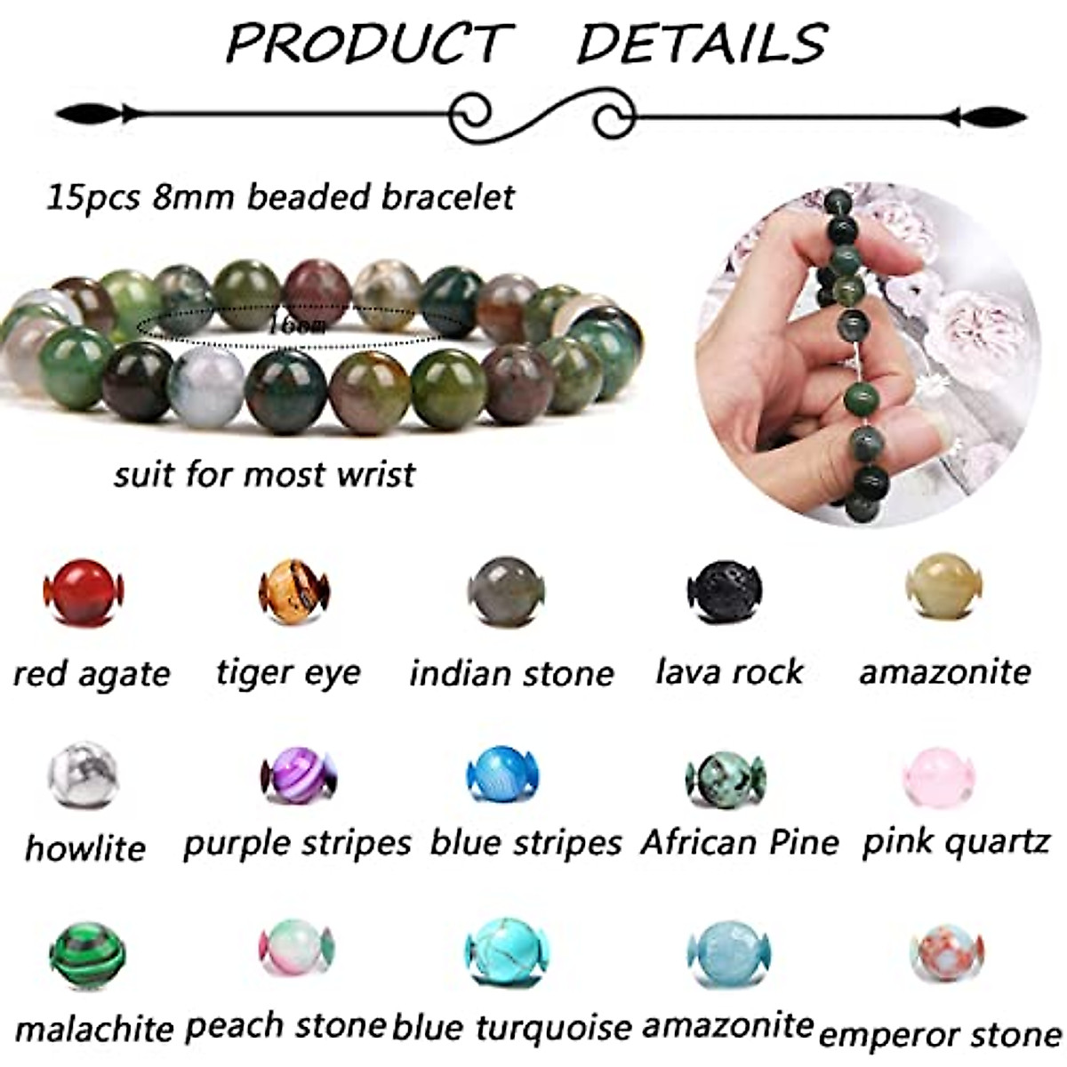 FINZOR 15 Pcs 8mm Healing Stone Beaded Bracelets for Women Men Semi-Precious Gemstones Bracelets Crystal Beaded Bracelet Unisex Adjustable Stretch Bracelets