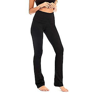 DEAR SPARKLE Bootcut Fold Over Leggings for Women | Slim Look Bootleg Yoga Pants w Pocket + Plus Size (C5 F) (Black, Large)