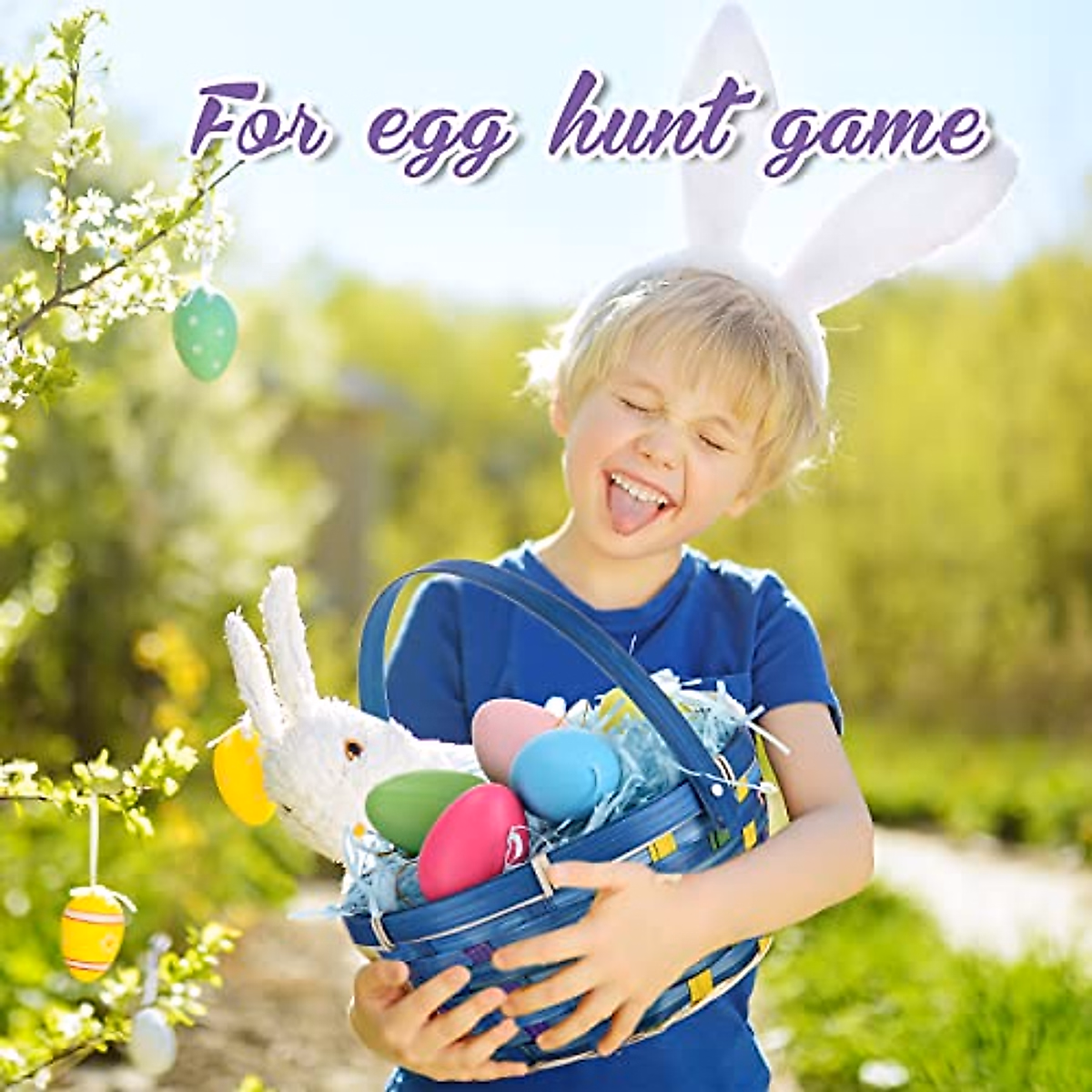 6 Pcs Easter Bamboo Basket with 24 Pcs Plastic Eggs and 480g Raffia Paper Grass, Handmade Woven Easter Basket with Handle for Egg Hunting, Picnic and Party Favors