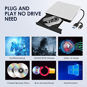 Hcsunfly External CD/DVD Drive for Laptop, Type-C CD/DVD Player USB 3.0 Portable Burner Writer Reader Compatible with Mac MacBook Pro/Air iMac Desktop Windows 7/8/10/XP/Vista(White)