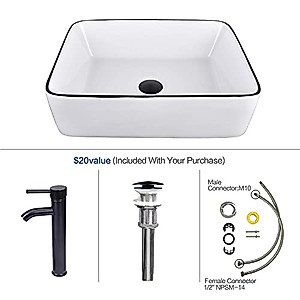 White Ceramic Bathroom Sink, 19" x 15" Above Counter Porcelain Vessel Sink with Black Faucet and Pop up drain Combo, Rectangle