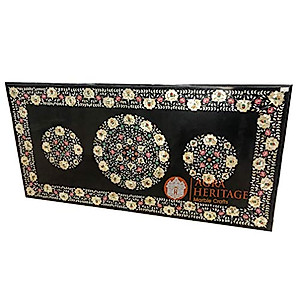 Black Marble Big Dining Table Top Mother of Pearl Inlay Gemstone Fine Design Decor | 84"x48" Inches