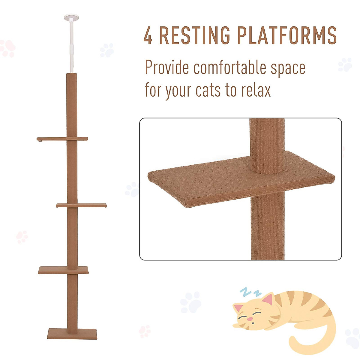PawHut Floor-to-Ceiling Cat Tree Cat Climbing Tower with Sisal-Covered Scratching Posts Natural Cat Tree Activity Center for Kittens Cat Tower Furniture, Brown
