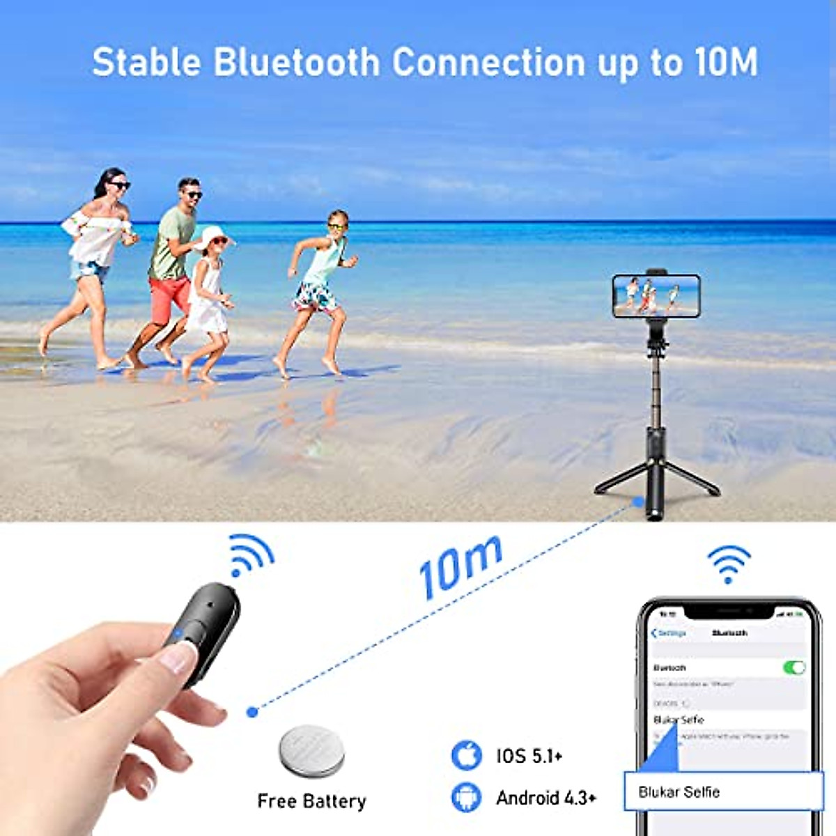 Blukar Selfie Stick, 4 in 1 Extendable Bluetooth Selfie Stick Tripod - 360° Rotation Stable Tripod Stand with Detachable Wireless Remote, Compatible with GoPro, Small Camera and Smartphones(4.7-6.7")