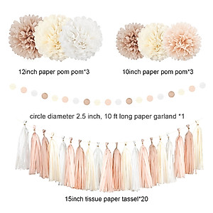 NICROHOME Boho Bridal Shower Decorations, Rustic Neutral Creamy White Tissue Paper Pom Poms Tassel, Dots Paper Garland Decorations Packages for Wedding Baby Shower Birthday Party Table Decorations