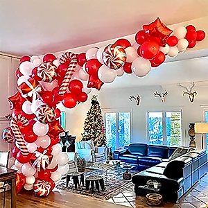 Christmas Balloon Garland Arch Kit – 160 Pack White Red Latex Balloons with Christmas Round Candy Cane Stars Foil Helium Balloon for XMAS Evening Decoration Supplies