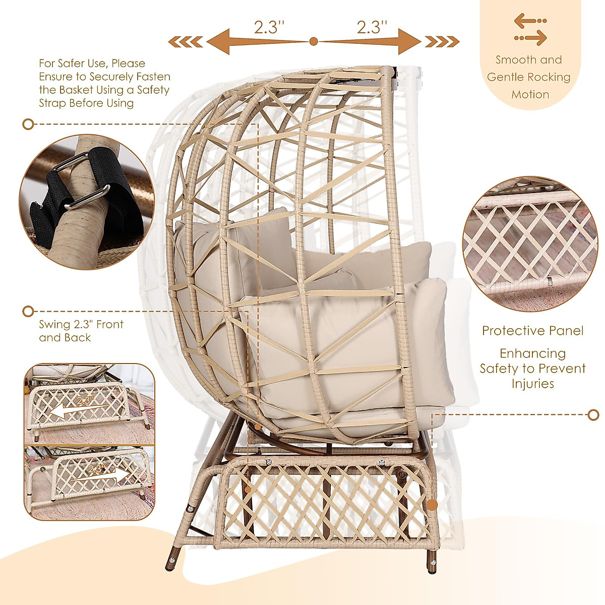 NICESOUL® Double Wicker Rocking Egg Chair, Oversized Egg Basket Lounge Chair for 2 Persons, Patio Gliding Egg Chair with Legs Thick Cushions 500 Lbs Large Loveseat for Indoor Outdoor Beige with Cover