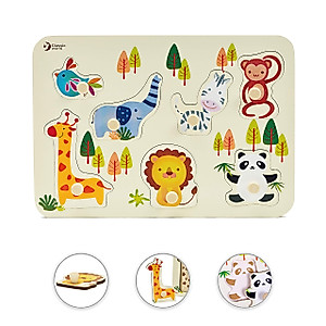 Classic World Zoo Puzzle 7 Pieces Wooden Pegged Animal Toy for Baby Toddler Early Learning Education
