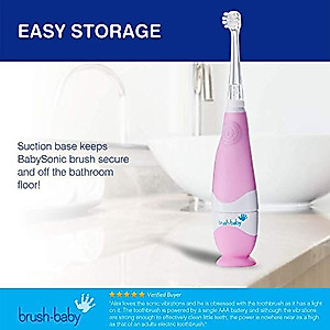 brush-baby BabySonic Infant and Toddler Electric Toothbrush for Ages 0-3 Years - Smart LED Timer and Gentle Vibration Provide a Fun Brushing Experience - Includes 2 Sensitive Brush Heads (Pink)