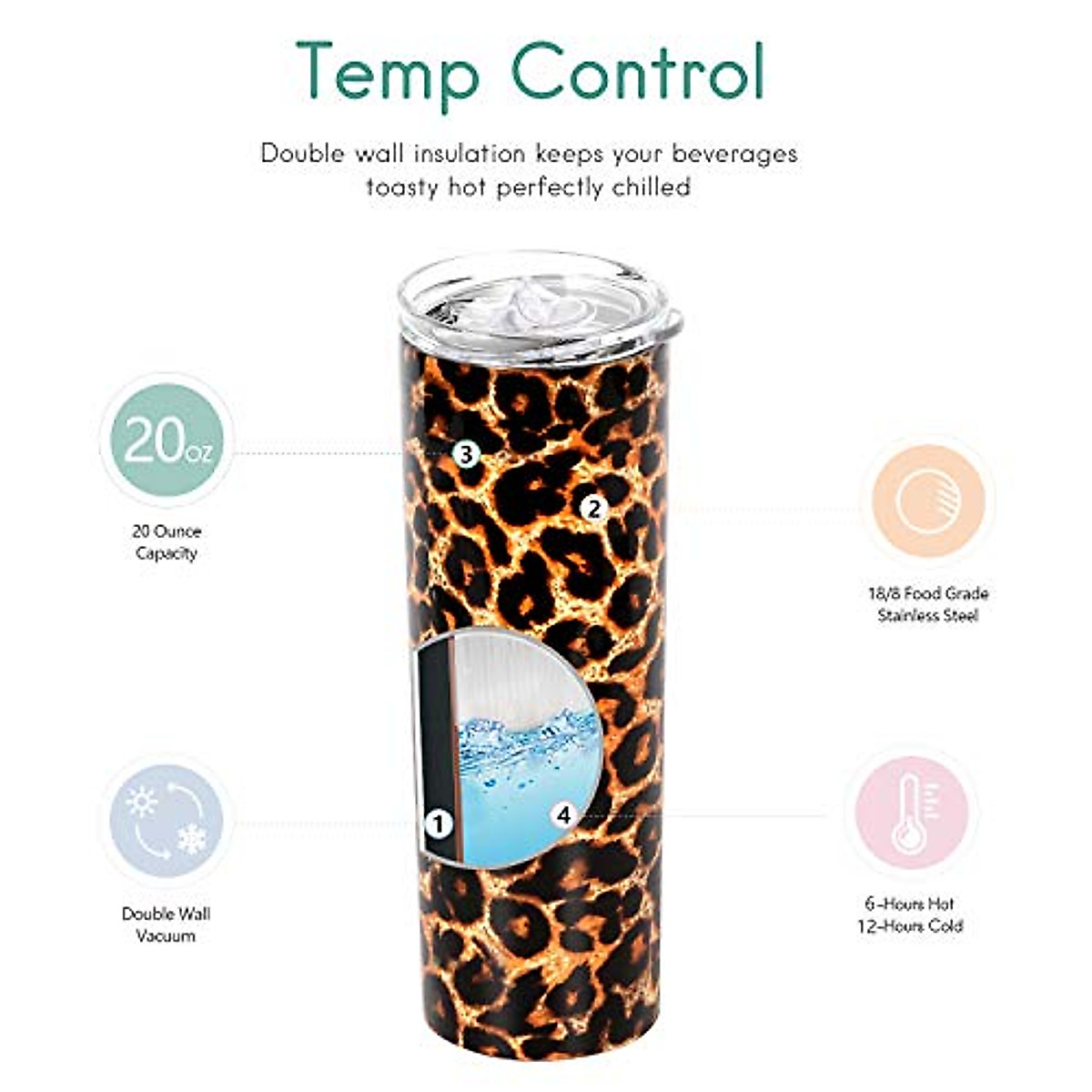 Stainless Steel Tumbler with Straw and Lid, Vacuum Insulated Double Wall Cup for Coffee, Tea, Beverages(Leopard, 20 oz)