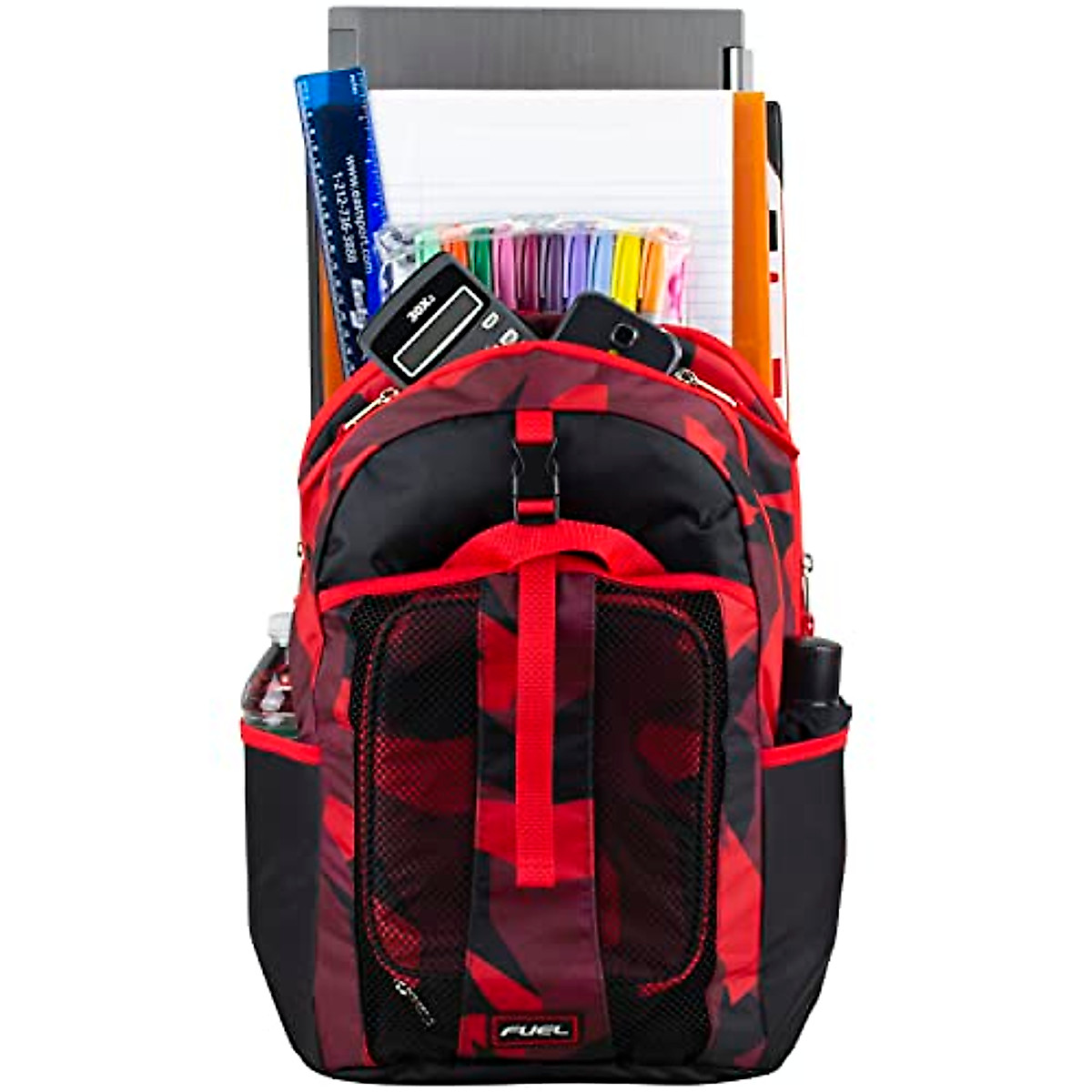 FUEL Backpack with Lunch Box Combo – 18” Two Compartment Water Resistant Durable Adjustable Straps with Side Water Bottle Pockets 2 in 1 Set - Red Camo