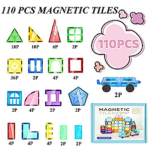 Aquadawn 110 Pieces Magnetic Building Tiles Set with 2 Cars, Magnetic Building Blocks for Toddlers 1-3, Educational Toys Tiles for Kids Ages 4-8, 3D Magnet Building Blocks Toys Gifts for Girls Boys