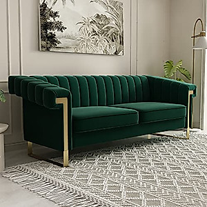 Kadway Green Velvet Loveseat Sofa Couch, 84" Luxury Large Sectional Sofa Couch with Gold Metal Legs for 3-4 Persons, Mid-Century Modern Sofa, Chesterfield Sofa Couch for Living Room Bedroom