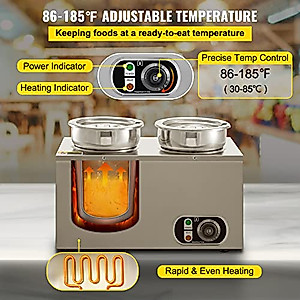 VEVOR 110V Commercial Food Warmer 8.4 Qt Capacity, 500W Electric Soup Warmer Adjustable Temp.86-185℉, Stainless Steel Countertop Soup Pot with Tap, Bain Marie Food Warmer for Cheese/Hot Dog/Rice