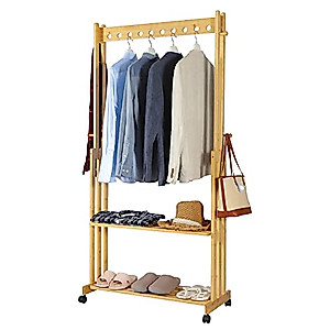 LUCKWIND Freestanding Garment Rack Clothes Racks, Rolling Clothing Racks for Hanging Clothes, Wooden Hanger with 2-Tier Shelves, Shoe Clothing Storage Organizer for Entryway
