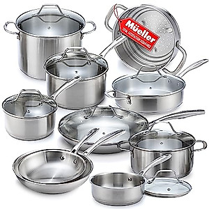 Mueller Pots and Pans Set 17-Piece, Ultra-Clad Pro Stainless Steel Cookware Set, Ergonomic and EverCool Stainless Steel Handle, Includes Saucepans, Skillets, Dutch Oven, Stockpot, Steamer and More