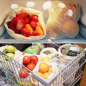 AKOAK 2 Pcs Supermarket Fruit and Vegetable All-Cotton Reusable Shopping Eco-Bag Drawstring All-Cotton Mesh Bag