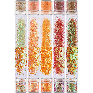 GABOX 10 Jars Sunset Orange Cosmetic Chunky Glitter Set, Holographic Nail Resin Glitter, Fine Powder+1mm+2mm+3mm Sequins Flakes, Iridescent Art Glitter Set for Body Face Eyes Hair Crafts