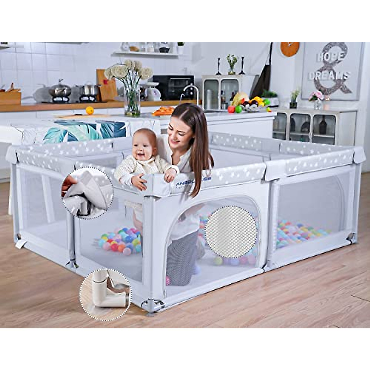ANGELBLISS Baby Playpen, Large Baby Playard, Play Pens for Babies and Toddlers with Gate, Indoor & Outdoor Play Area for Infants, Kids Safety Play Yard with Star Print (Grey, 63"×47")