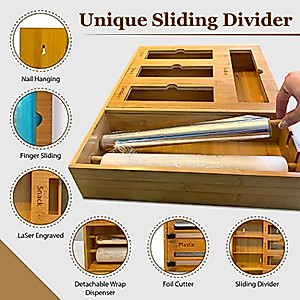 Home Deko BayMax Bamboo 3 in 1 Ziplock Bag Foil and Plastic Wrap Organizer with Cutter for Kitchen Drawer Countertop- Giant Aluminum Saran Dispenser, Large Gallon Snack Bags Storage, Tin Holder