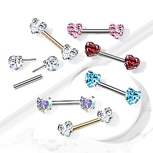 Pierced Owl 14G Stainless Steel Threadless Push-in Prong Set Crystal Heart Nipple Rings, Sold as a Pair (Silver Tone/Red)