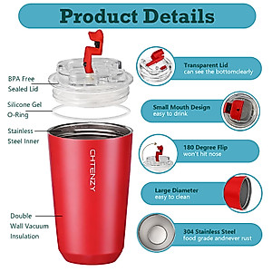 CHTENZY Insulated Coffee Mug,Spill Proof Travel Coffee Cup With Lid, Red Coffee Thermos,Stainless Steel Double Wall Vacuum Cup,Reusable For Coffee Tumbler (Red,13oz)