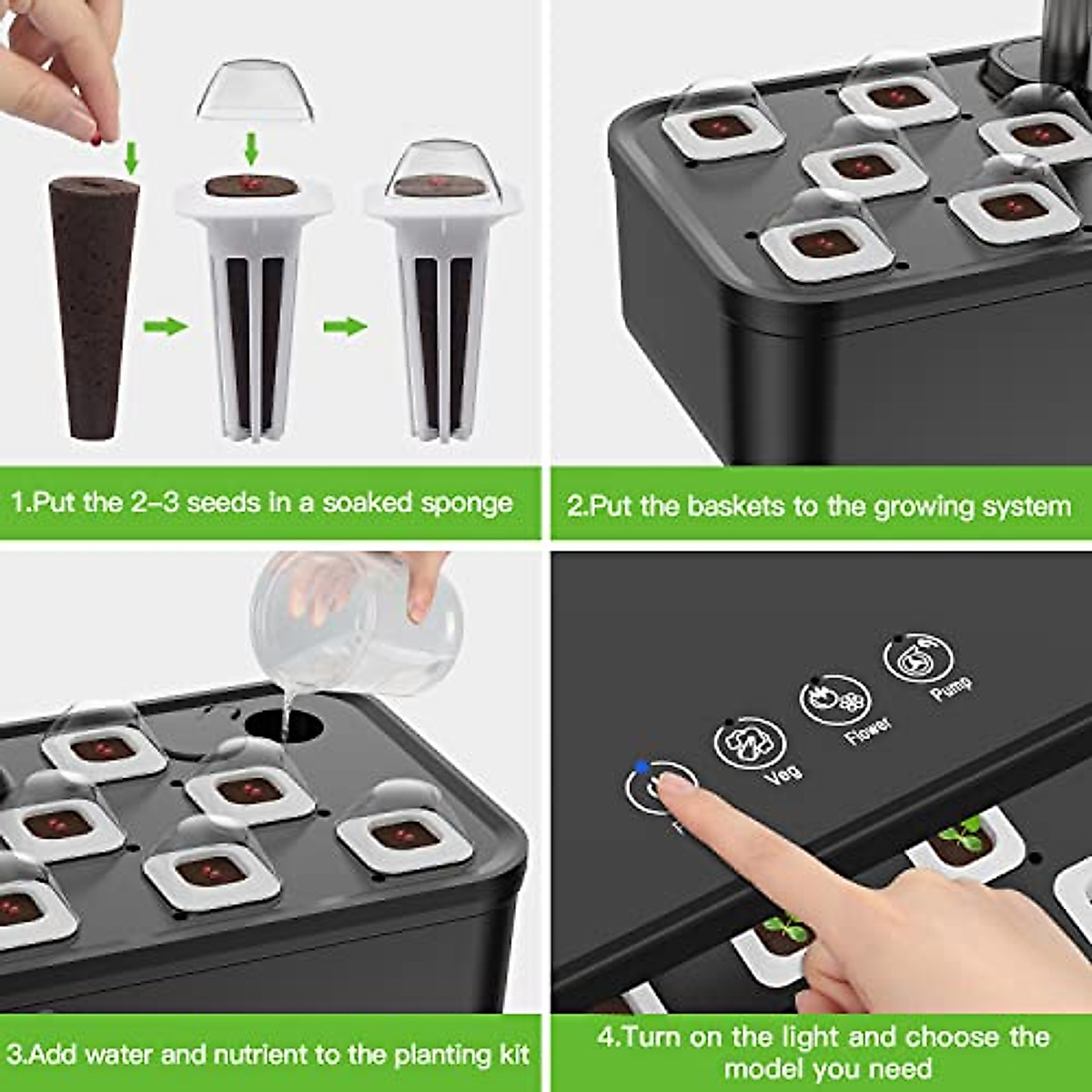 TILTOP Hydroponics Growing System 12 Pods Indoor Herb Garden with 36W LED Grow Light, Height Adjustable Indoor Grow Kit Countertop Garden Automatic Timer Black