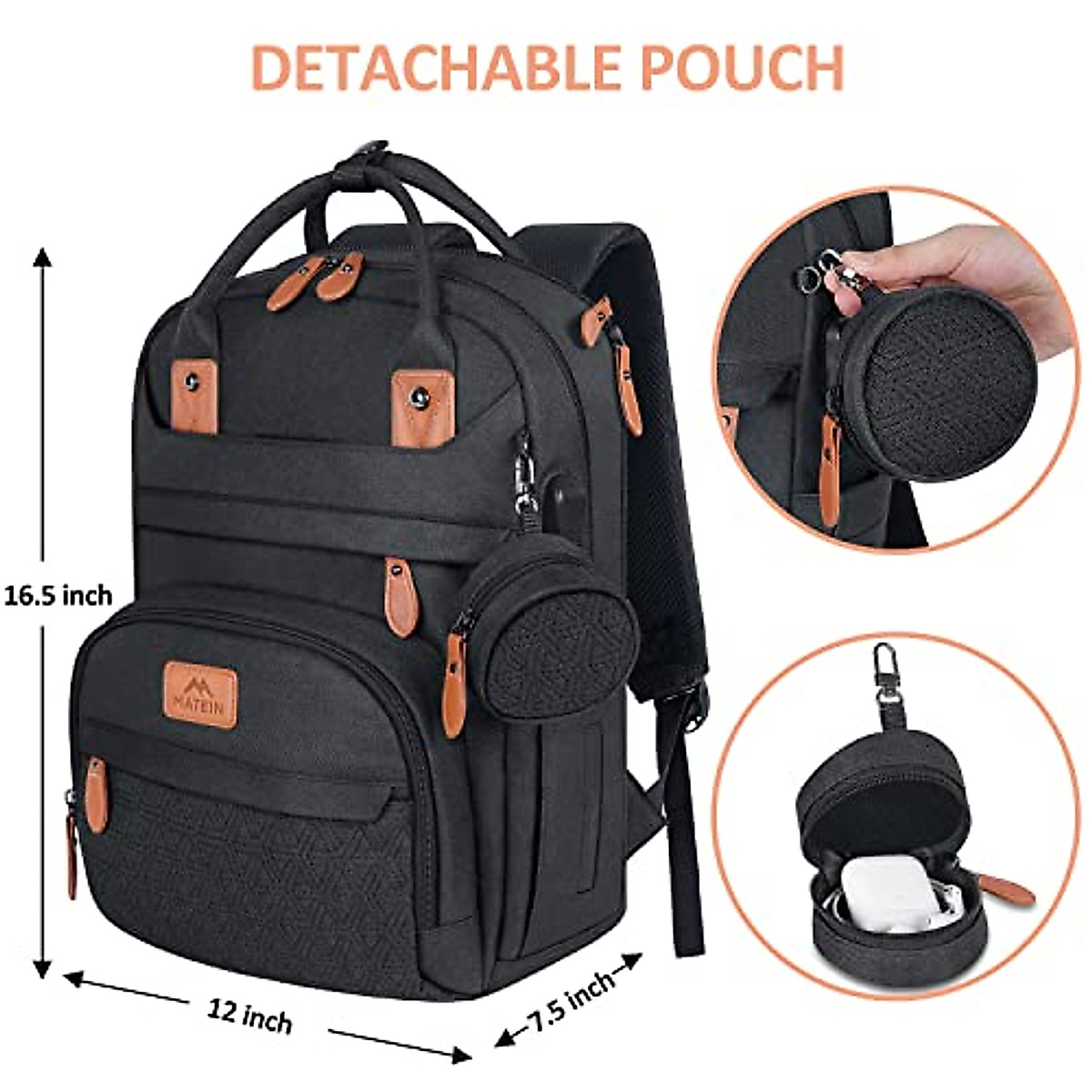 MATEIN Laptop Backpack for Women, 15.6 inch Anti Theft Travel Computer Backpack with USB Charging Port for Business Work, Girls Water Resistant College School Bookbag with Detachable Coin Pouch, Black
