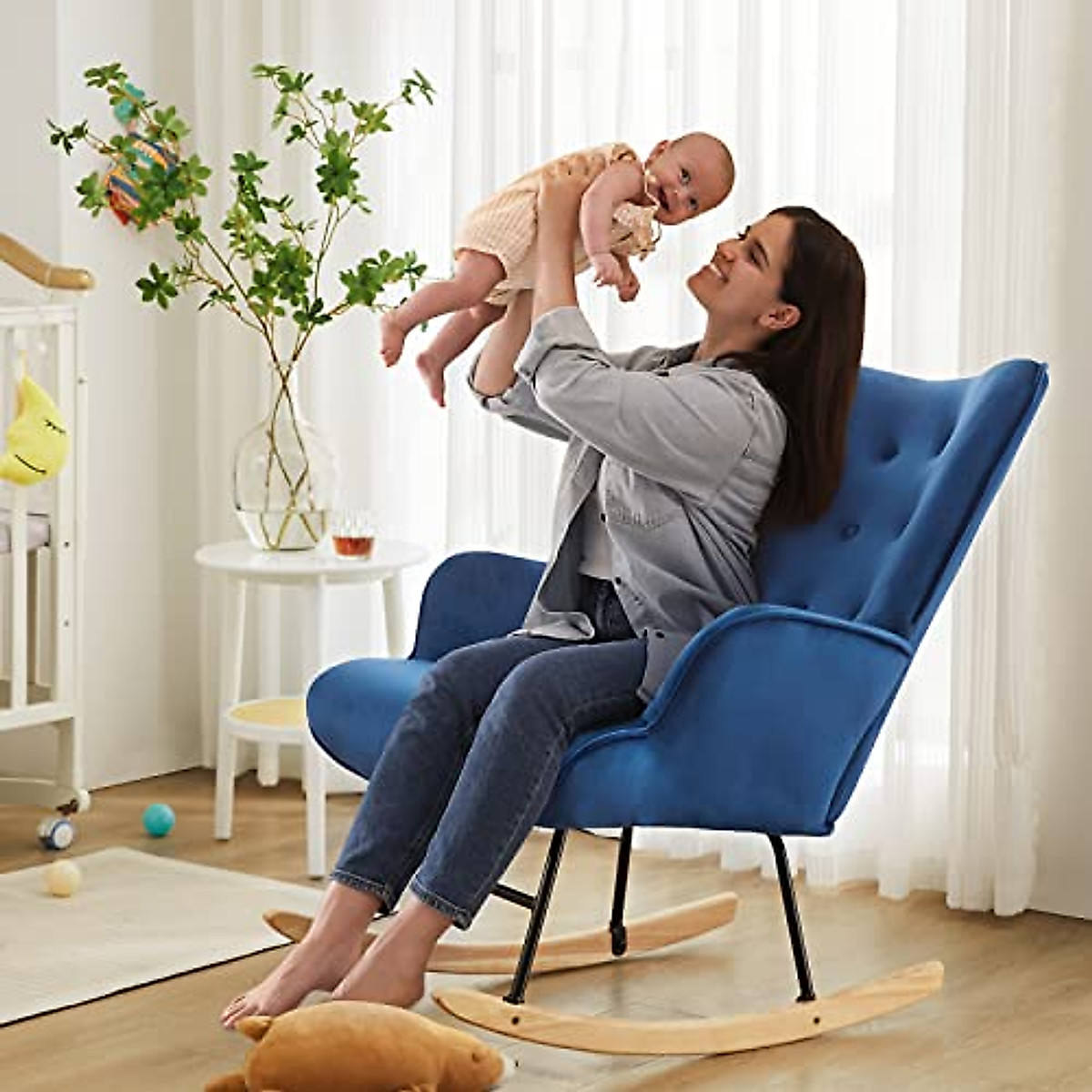 IDEALISMLIVING Rocking Chair, Nursery Glider Rocker Chair with Linen Fabric, Boho Chair with Solid Wood, Nursery Rocking Armchair for Baby Room, Rocking Chair Nursery for Living Room Bedroom (Blue)