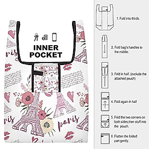 Paris Eiffel Tower Printed Reusable Grocery Bag with Handle Foldable Shopping Tote Bags Portable for Supermarket Camping