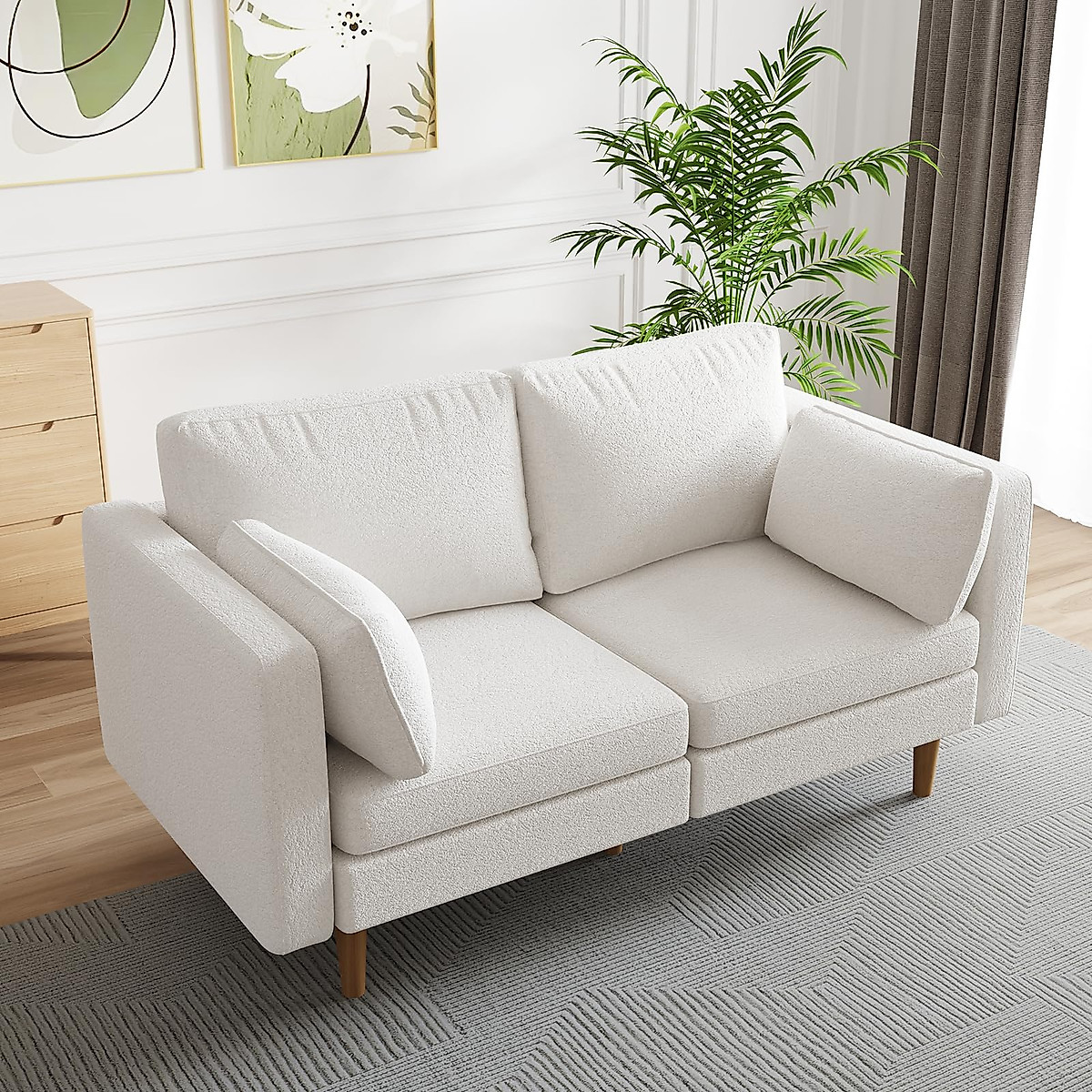 Novilla 64" Loveseat Sofa Couch, Comfy Sofa Couch with Extra Deep Seats, Fabric Upholstered Loveseat Sofa, Couch for Living Room Apartment Lounge, White