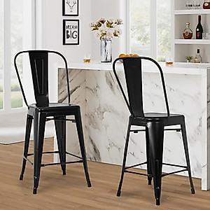 Metal Bar Stool Set of 4 Counter Height Barstool with Back 24 Inches Seat Height Industrial Bar Chairs Patio Stool Stackable Modern Kitchen Stool Indoor Outdoor Metal Bar Stool Kitchen Stools (Black)