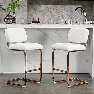 USIIN Mid-Century Modern Counter Height Bar Stools for Kitchen Set of 2, Armless Bar Chairs with Gold Metal Chrome Base for Dining Room, Upholstered Boucle Fabric Counter Stools,Ivory