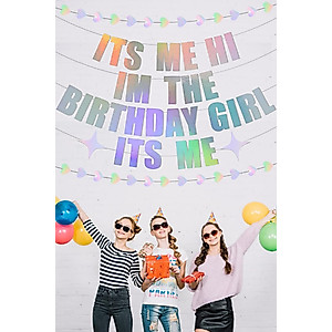 IT'S ME HI IM THE BIRTHDAY GIRL ITS ME Taylor Birthday Banner, Pre-Strung Iridescent Holographic Birthday Banner Sign with 2pcs Hanging Heart Shaped Streamers for Women Girl Party Gift Decoration