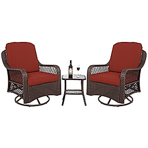 LEISU 3-Pieces Patio Swivel Wicker Bistro Furniture Set with Cushioned Patio Swivel Rocker Swivel Rocking Chairs Set Side Table Outdoor Rattan Conversation Sets (Rust)