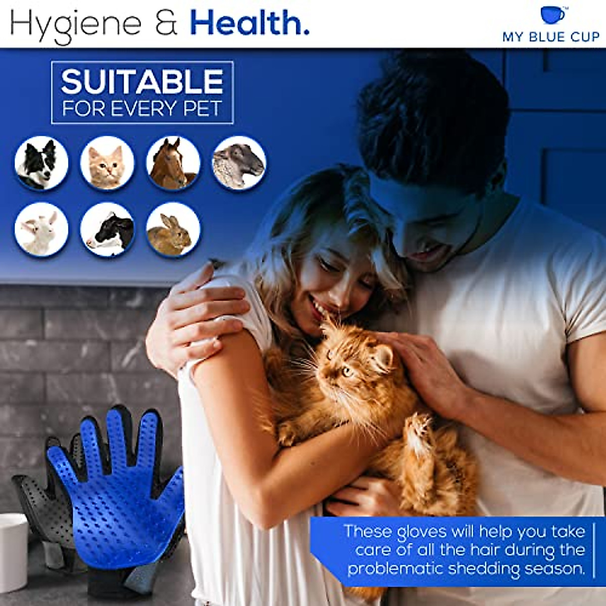 My Blue Cup Pet Grooming Gloves | Deshedding Tool | Suitable for Cats, Dogs & Bigger Animals | Comes in a Pair | Soft Silicone Tips | Easy to Use | Easy to Clean & Machine Washable