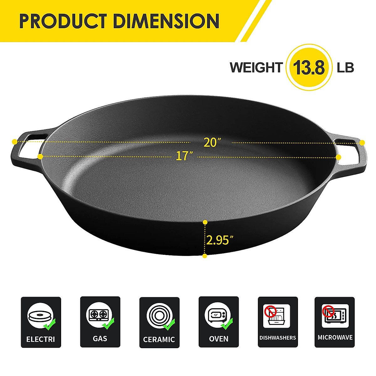 EDGING CASTING Pre-Seasoned Large Cast Iron Skillet 17 Inch, Dual Handle Outdoor Camping Frying Pan, Pizza Pan, Use for Grill, Stovetop, Induction, Oven Safe Cookware