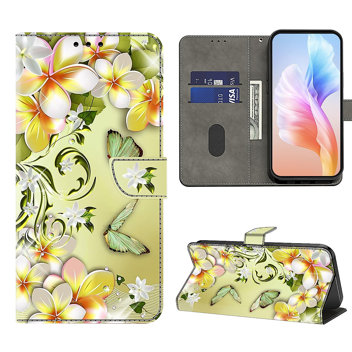 VODEFOX Wallet Case Compatible with iPhone 15 Case,Cute 3D Print Design Flip Folio Leather 2023 Phone Case Wallet leather Butterfly with Card Holder Magnetic Closure - Green Floral Butterfly