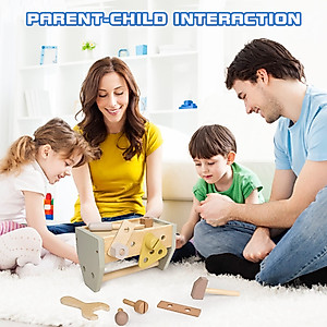 LEADER JOY Montessori Wooden Tools Kit Toddler Educational Construction Kids Toys Sets Play Box Preschool Play Tool Wooden Construction Toy （Yellow）