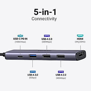 UGREEN Revodok 105 USB C Hub 5 in 1 Multiport Adapter 4K HDMI, 100W Power Delivery, 3 USB-A Data Ports, USB C Dongle for MacBook Pro/Air, iPad Pro, iMac, iPhone 15 Pro/Pro Max, XPS, Thinkpad