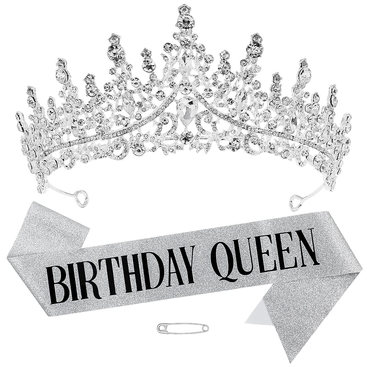 Birthday Crown Sash for Women Happy Birthday Queen Sash Crystal Birthday Tiara Crowns for Girls Rhinestones Headband Gift Party Birthday Decoration Set (Silver) Summer