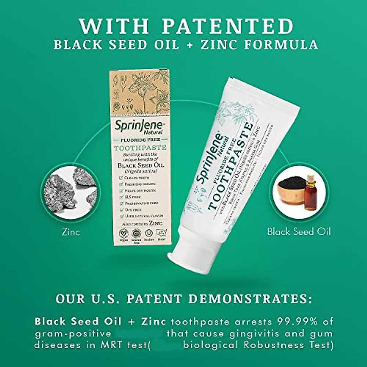 SprinJene Natural Fluoride Free Toothpaste for Clean and Strong Teeth and Gums, Fresh Breath, and Helps Dry Mouth - Vegan, Dye-Free, SLS Free Toothpaste for Adults 2 Pack (Original)